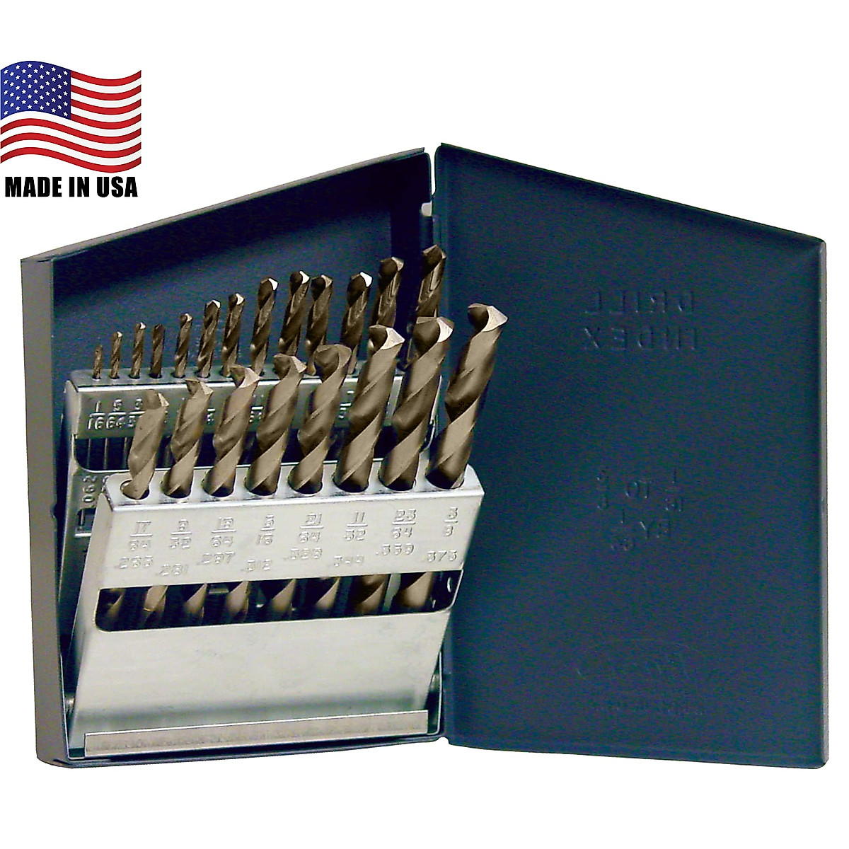 Chicago Latrobe - 69887 1V713 550 Series Cobalt Steel Jobber Length Drill Bit Set With Metal Case, Gold Oxide Finish, 135 Degree Split Point, Inch, 21-piece, 1/16" - 3/8" in 1/64" increments