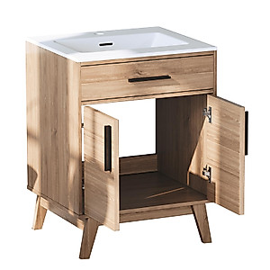 AMERLIFE 24.5" Bathroom Vanity with Sink Combo, Mid-Century Modern Small Single Bathroom Cabinet Set, Integrated Sink, Soft Closing Doors with Metal Handles, Bath Vanity Brown