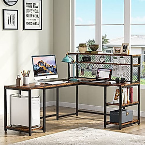 Tribesigns 67" Reversible Large Computer Desk with Hutch, Office Desk Study Table Writing Desk Workstation with 5 Storage Shelves 2 Tier Bookshelf for Home Office (Rustic Brown)
