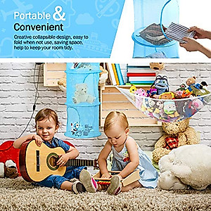 2 Pcs Hanging Mesh Storage Basket with 1 Stuffed Animals Toy Net Hammock, Hommtina Foldable Corner Organizer 3 Tier, Neatly Organize Kid’s Plush Toys and Save Space (Blue+Purple)