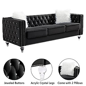 mikibama Velvet Sofa Couch 83 Inch Long Modern Sofa with Acrylic Legs and 2 Pillows, Jeweled Buttons Tufted Couch Modern Decor Furniture for Living Room, Bedroom (Black)