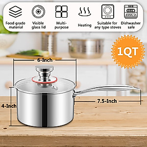 LIANYU 1QT Saucepan, Tri-Ply 18/10 Stainless Steel Sauce Pan with Lid, 1 Quart Cooking Pot for Pasta Soup, Small Induction Cookware with Ergonomic Handle, Heavy Duty, Dishwasher Safe