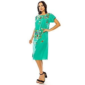 unik Embroidered Traditional Mexican Midi Dress (Mint, 2XL)