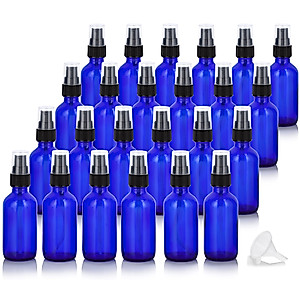 JUVITUS 2 oz Cobalt Blue Glass Boston Round Black Treatment Pump Bottle (24 Pack) + Funnel and Travel Size Foamer for Soap