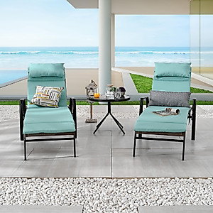 LOKATSE HOME 3 Pieces Outdoor Patio Chaise Lounge Set 2 Adjustable Chairs and 1 Bistro Table with Removable Cushions, Light Blue