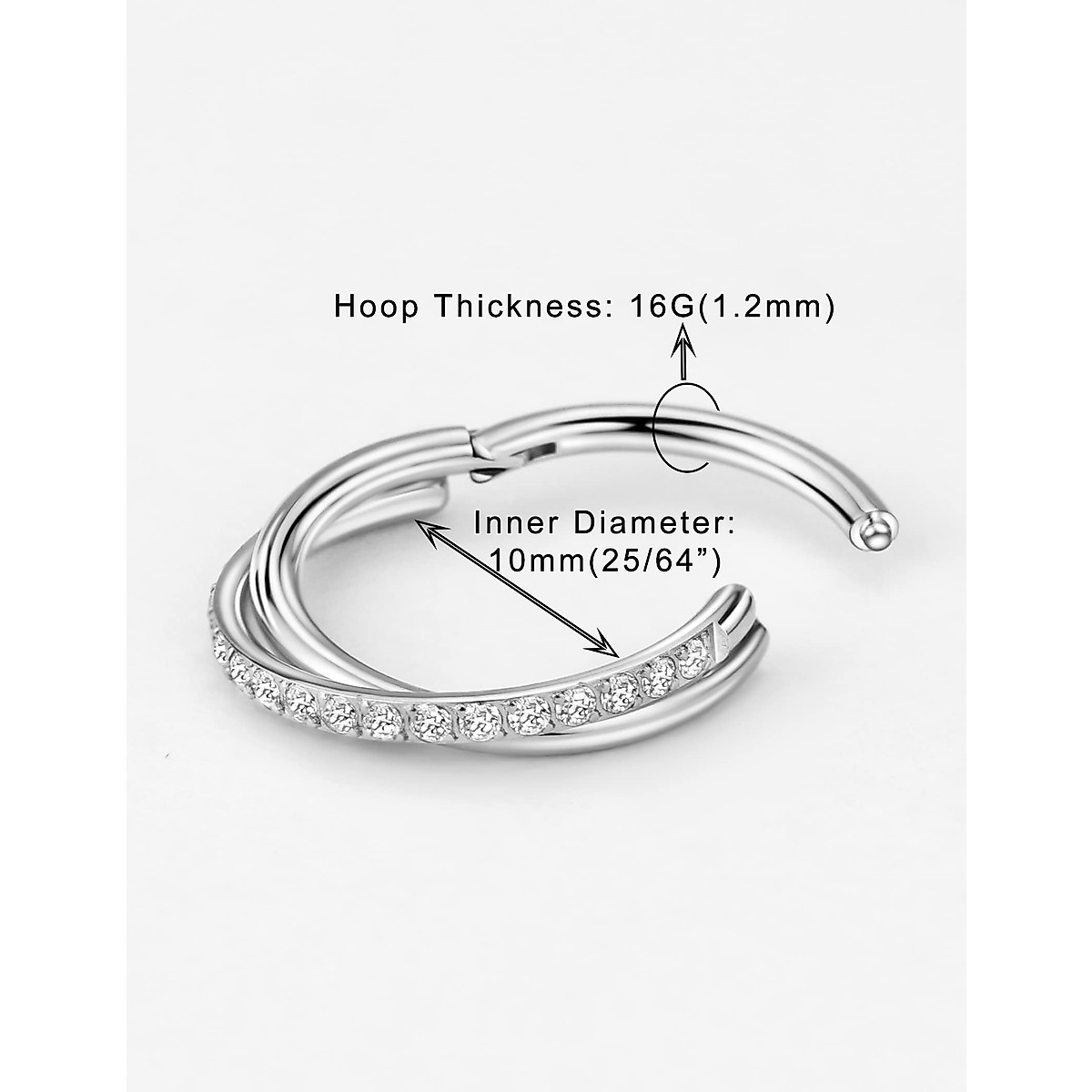 16g 8mm Silver 316L Surgical Steel Septum Rings Cubic Zirconia Nose Piercing Ring Twisted Hinged Nose Rings Hoop Cartilage Earring Lip Tragus Daith Rook Helix Piercing Jewelry 16 Gauge Septum Clicker