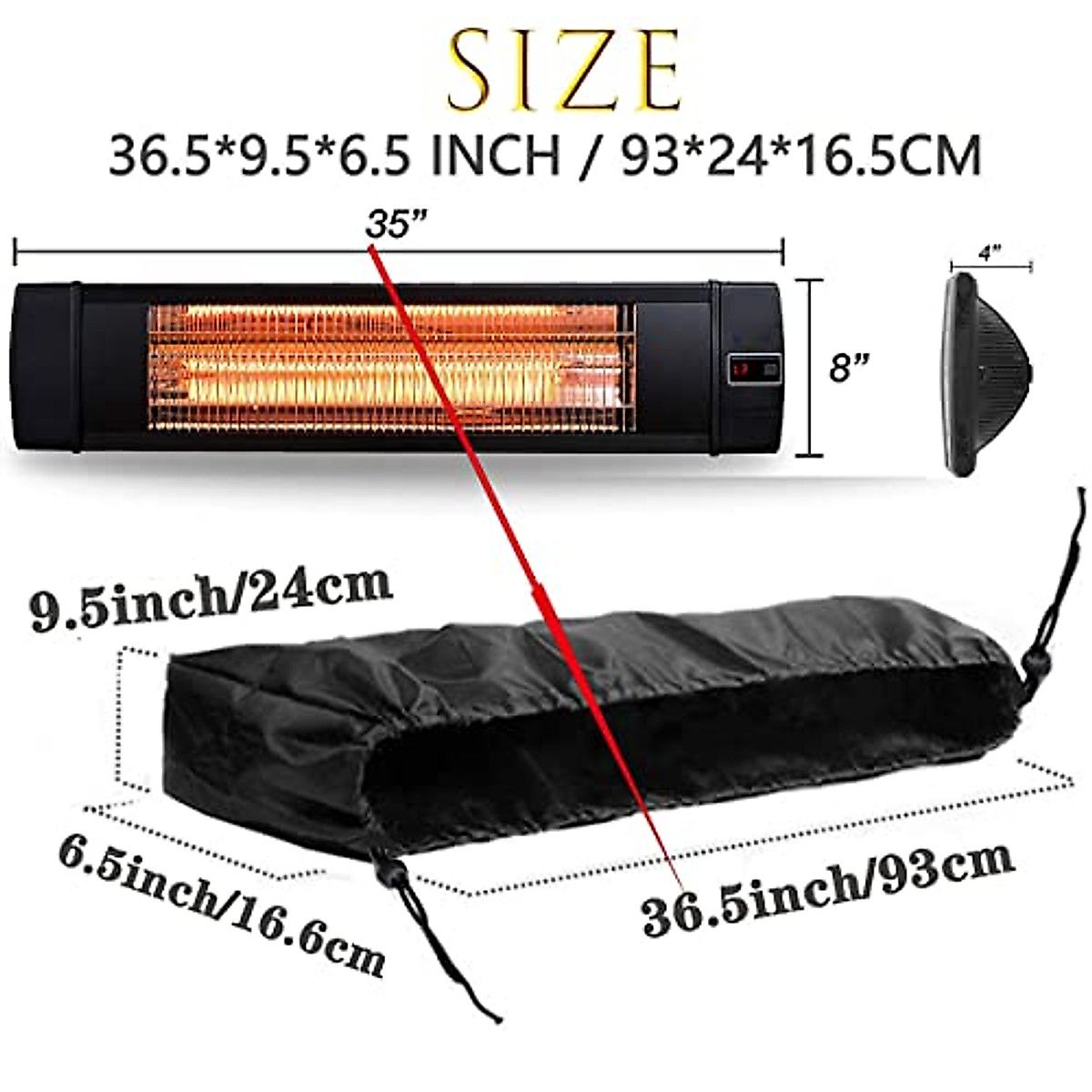 Wall-Mounted Patio Heater Cover - Black 36.5''L *9.5''H *6.5 '' W Electric Heater Cover,420D Oxford Waterproof Dustproof Infrared Heater Covers for Indoor Outdoor Garage Backyard Hanging Patio Heaters