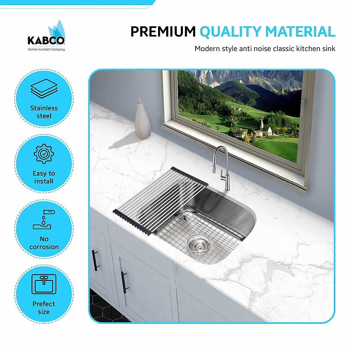 KABCO 23 Inch Single Bowl Stainless Steel Classic Kitchen Bar Sink, Rust, Sound and Heatproof Swirl Finish Stainless Steel Deep Sink with Kitchen Sink Strainer, Bottom Sink Grid and a Rolling Up Grid