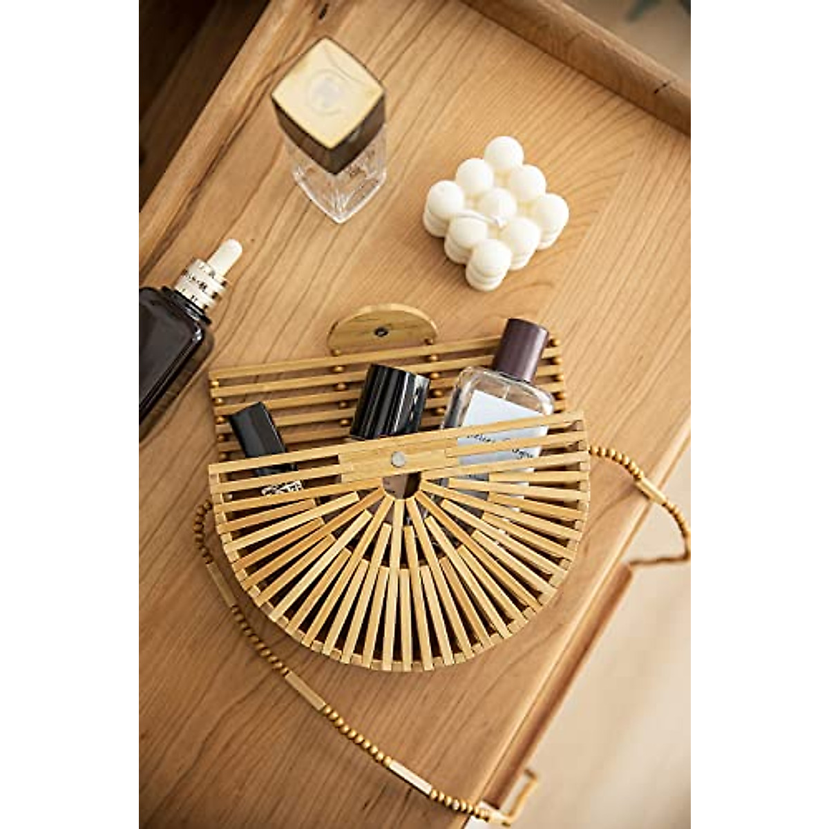 RULER TRUTH Handwoven Bamboo Bag Natural Shoulder Bag with Leather Straps Women's Handmade Straw Purse