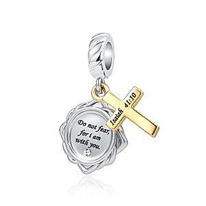 QeenseKc Religious Cross Dangle Charm Bible Verse Quote Isaiah 41:10 Scripture Gold Bead for Pandora Bracelet, Aut-54_Bible_Isaiah
