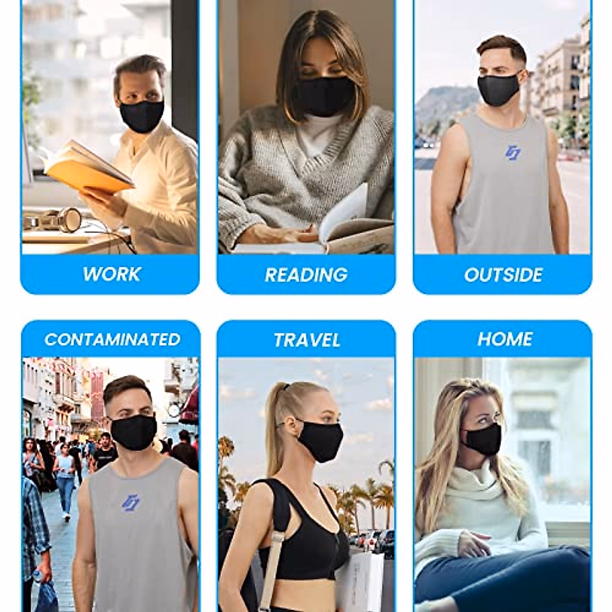 3-Ply Cloth Face Mask 6 Pack,Washable, Reusable and Breathable Face Covering with Adjustable Ear Protection Loops women/men (Black*6)