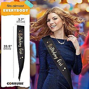 CORRURE 'Birthday Girl' Sash with Gold Foil - Soft Satin Black Sash for Women - Happy Birthday Sash for Queen, Sweet 16, 18th 21st 25th 30th 40th 50th or Any Other Bday Party