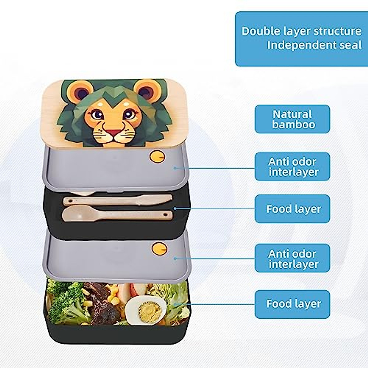 Cartoon Lion Adult Lunch Box, Bento Box, With Cutlery Set Of 3, 2 Compartments, Rectangular, Lunch Box For Adults