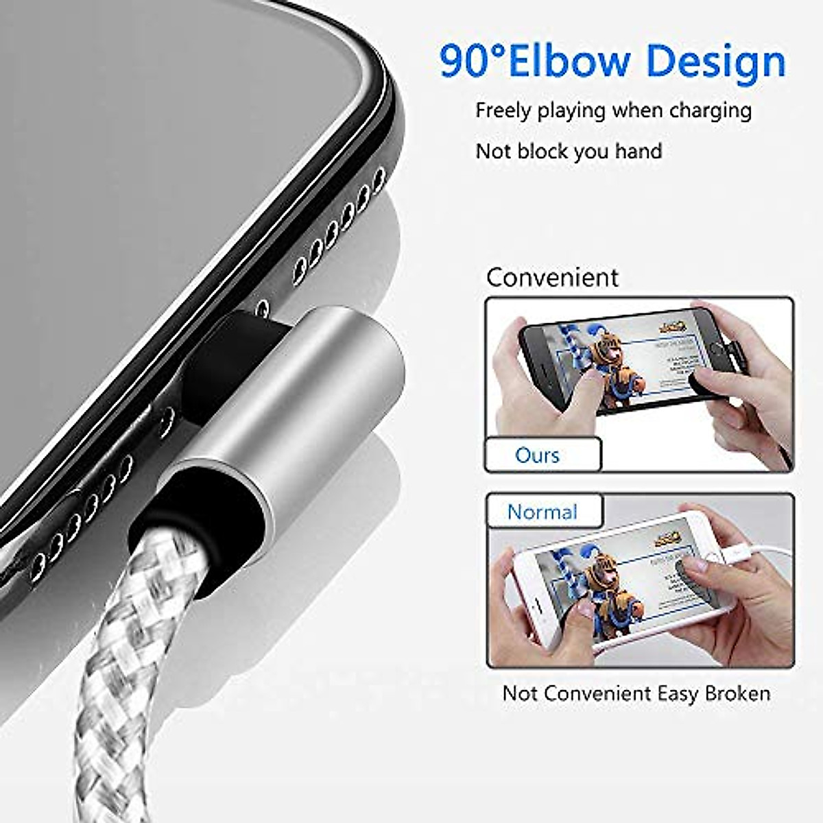 Lightning Cable, 3 Pack 10FT Right Angle Aluminum Alloy Durable and Fast Charging Cable Compatible with iPhone Charger 12/11/Pro/ XS/XS Max/XR/X/ 8/8 Plus/7 Plus/7/6 Plus/6/5S/5/Pad (Silver, 10ft)