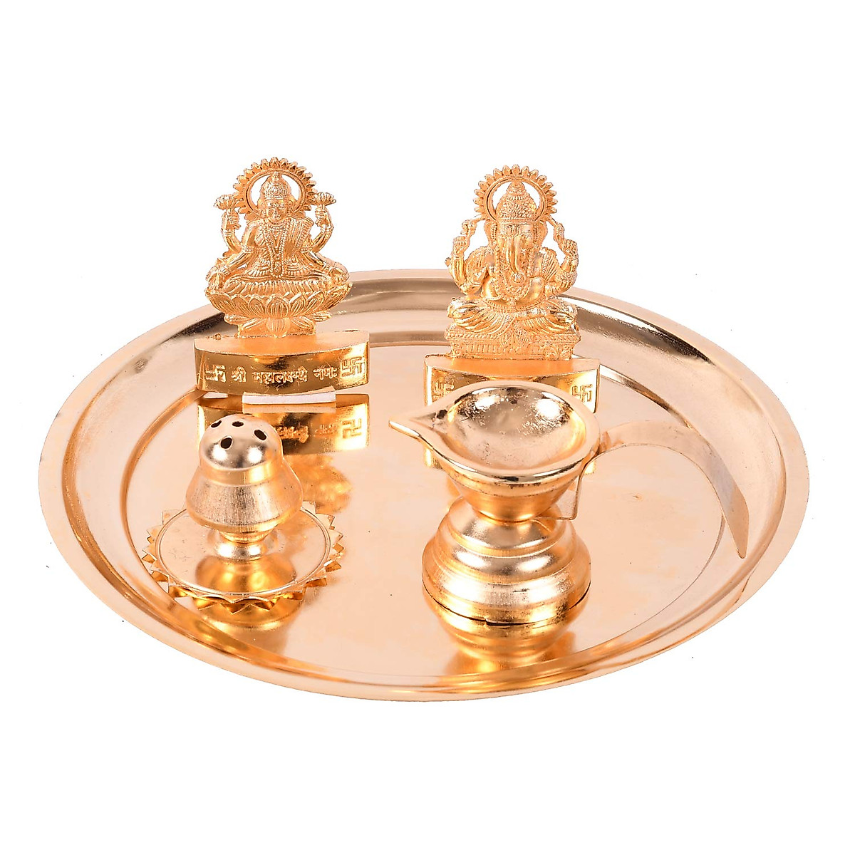 Collectible India Pooja thali Set for Aarti - Metal Laxmi Ganesh Idol Showpiece -Bhai Dooj Traditional Diya - Agarbatti Incense Stick Holders - Puja Article Spiritual Diwali Gift Items (1 Box)
