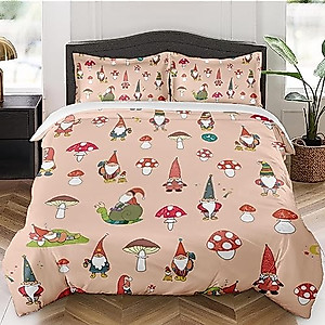 Duvet Cover Full Size, Gnome Funny Happy Red Bedding Set with Zipper Closure for Kids and Adults, Colorful Mushroom Elf Comforter Cover with 2 Pillow Shams for Bedroom Bed Decor