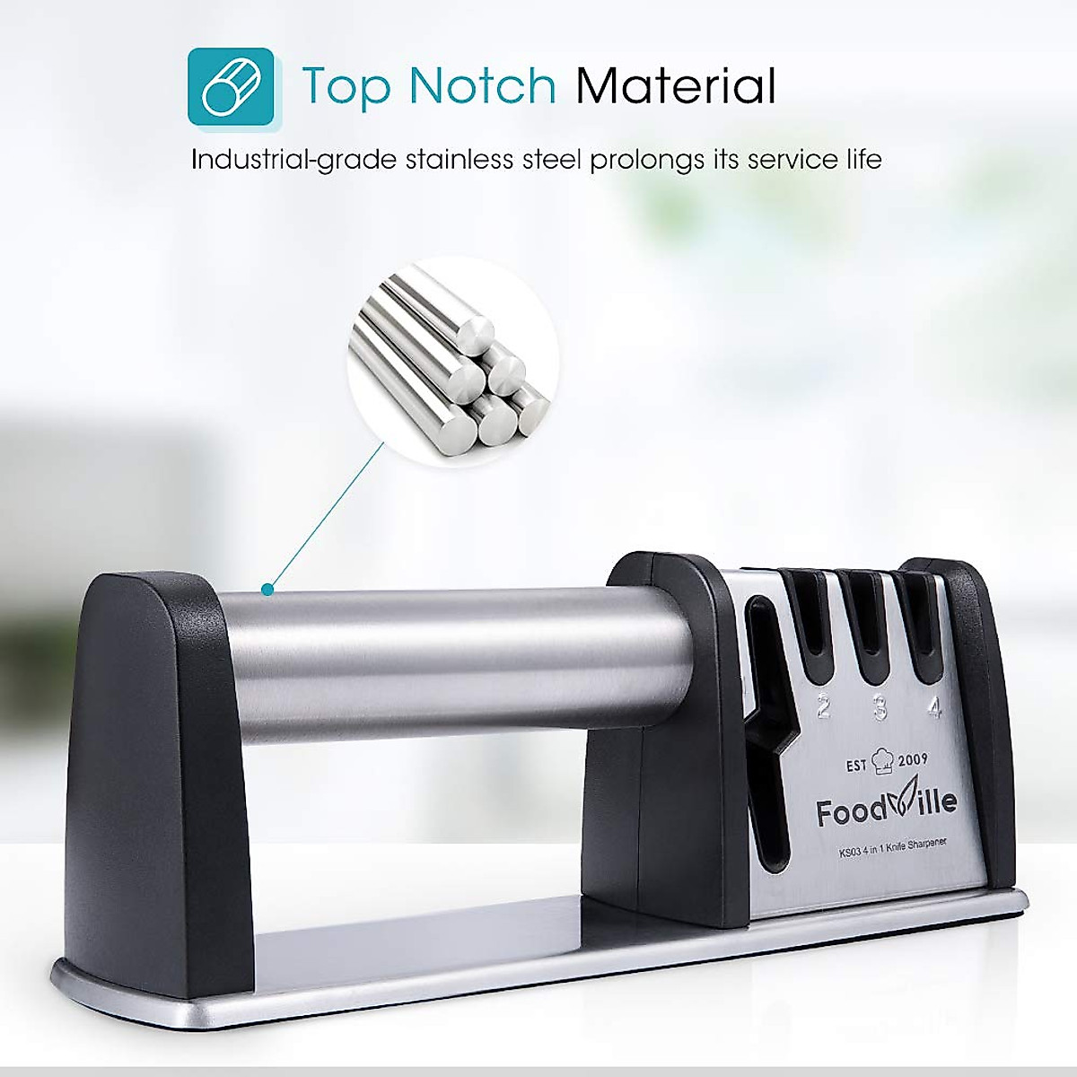 FoodVille KS04 Knife Sharpener for Kitchen Knife Pocket Knife Hunting Knives Including Straight Blades and Scissors (4 Slots) (Black)