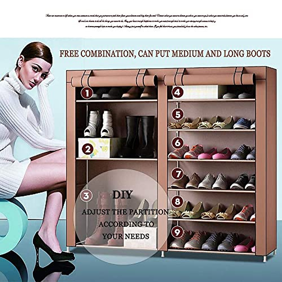 6 Tier Shoe Rack Organizer for 36 Pair Shoes, Double Rows 12 Lattices Free Standing Shoe Cabinet Storage Shelf Holder with Non-Woven Fabric Dustproof Cover,Large Portable Closet Shoe Tower (Brown)