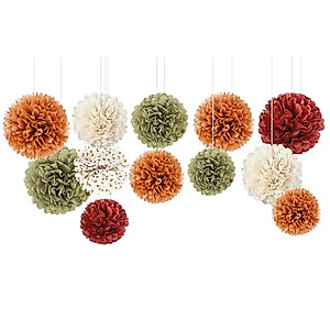 NICROLANDEE Fall Party Decorations, 12 PCS Pumpkin Orange Burgundy Sage Green Ivory Tissue Pom Poms Thanksgiving Decor for Home, Wedding, Birthday, Autumn Harvest Party Supplies
