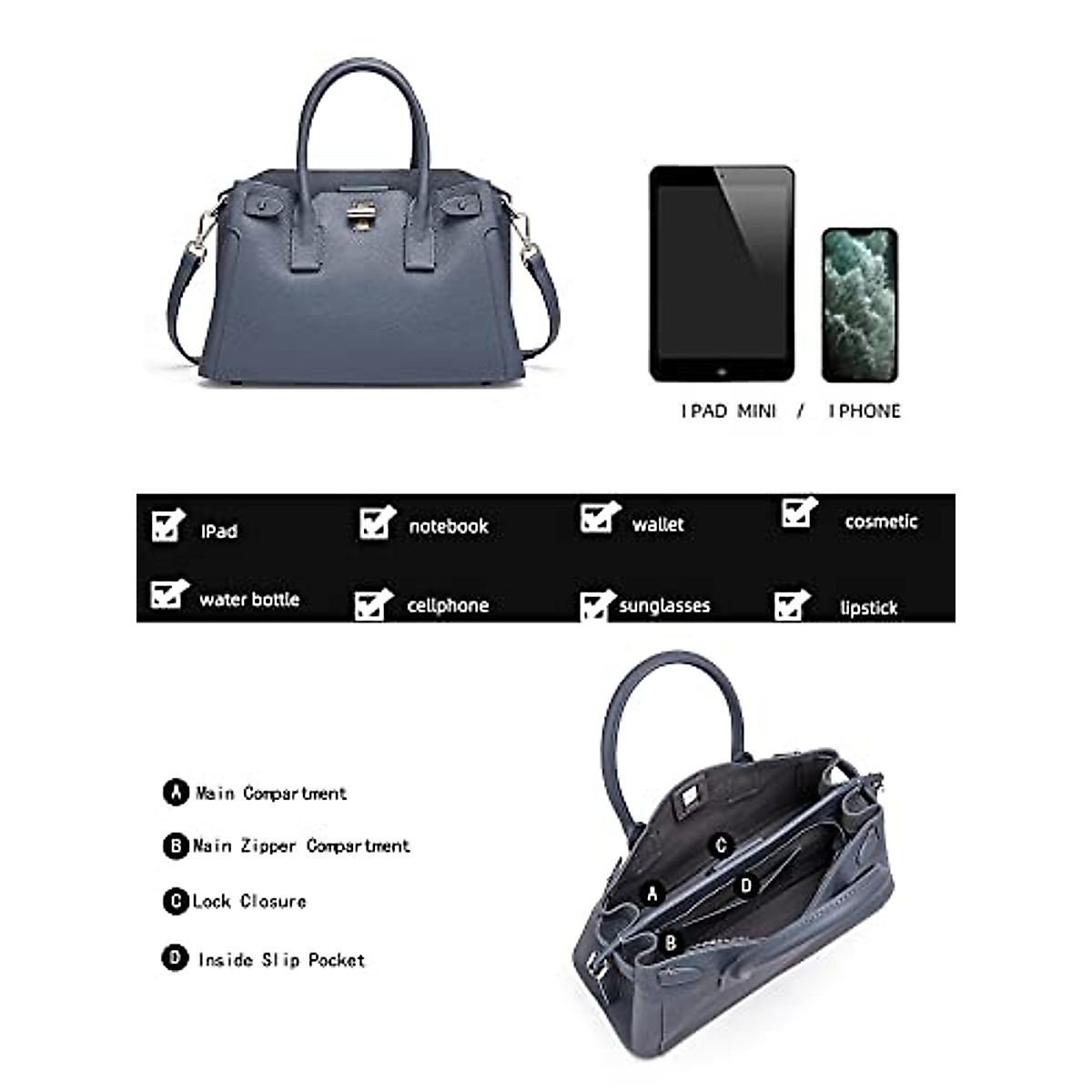 Leather Satchel Handbags For Women Medium Top Handle Shoulder Purse With Straps (Black)