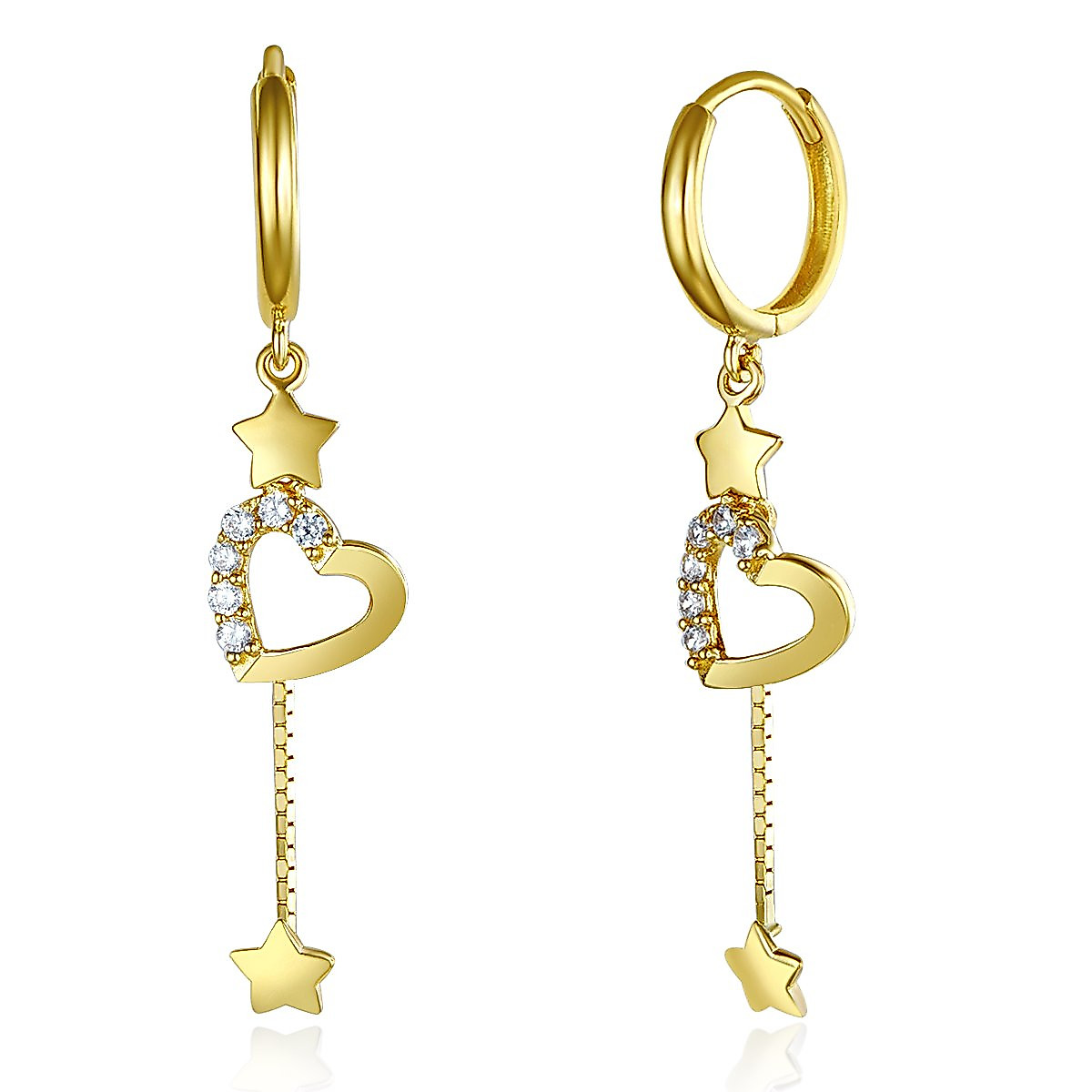 14k REAL Yellow Gold Heart & Star CZ Drop Earrings