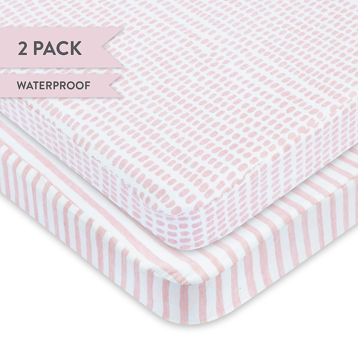 Ely's & Co. Patent Pending Waterproof Pack N Play/Mini Portable Crib Sheet with Mattress Pad Cover Protection I Mauve Pink Stripes and Splash by Ely's & Co.