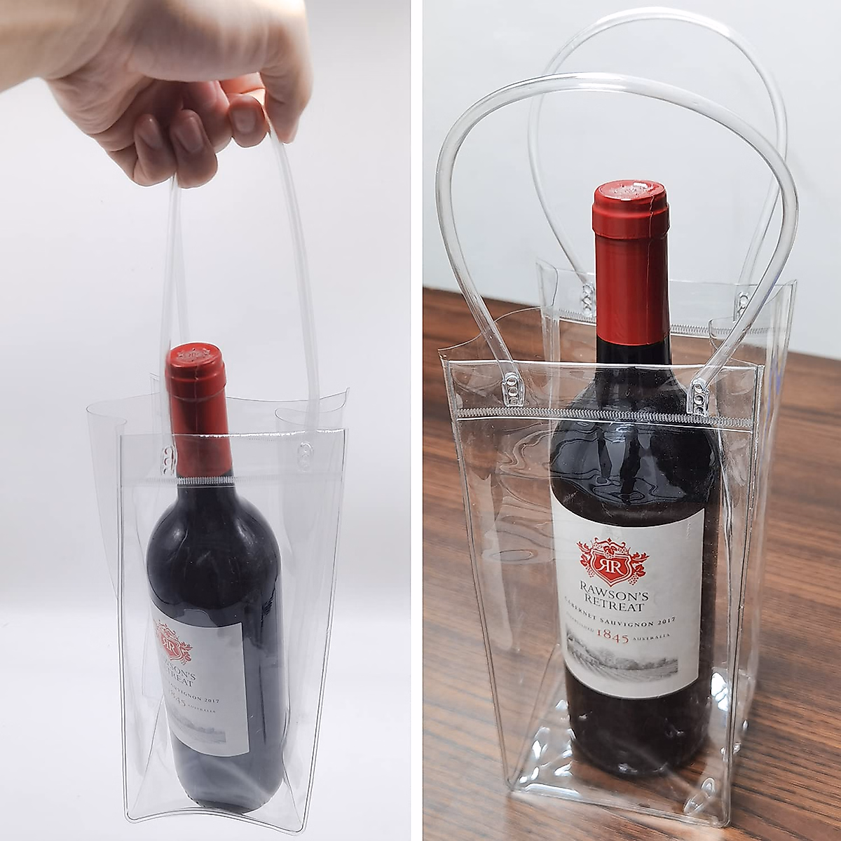 OBPSFY 10 Pieces Ice Wine Bag, Clear Portable Collapsible Wine Cooler Bags with Handle, PVC Wine Pouch Bags for Champagne Cold Beer White Wine Chilled Beverages