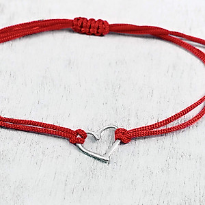 Claudia Lira Joyas Red Womens Friendship Bracelet, Small Handmade Sterling Silver 925 Open Heart Shaped Charm, Pull Adjustable Kindred Cord Thread. Handmade Heart Gift Set