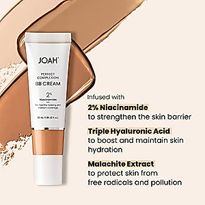 JOAH Perfect Complexion BB Cream with Hyaluronic Acid and Niaciminade, Korean Makeup with Medium Buildable Coverage, Evens Skin Tone, Lightweight, Semi Matte Finish, Tan with Neutral Undertones (Light with Cool Undertones)
