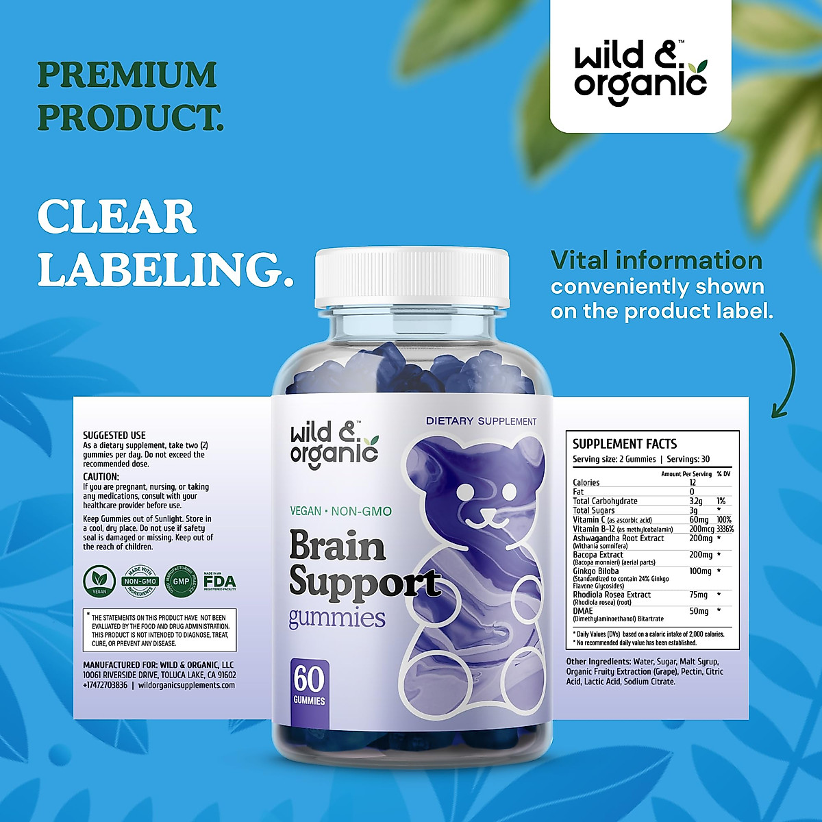 Wild & Organic Brain Support Gummies - Focus Supplement w/Ashwagandha Root, Vitamin B12, Ginkgo Biloba, Bacopa - Vegan Chews for Clarity & Productivity - 60 Brain Gummies