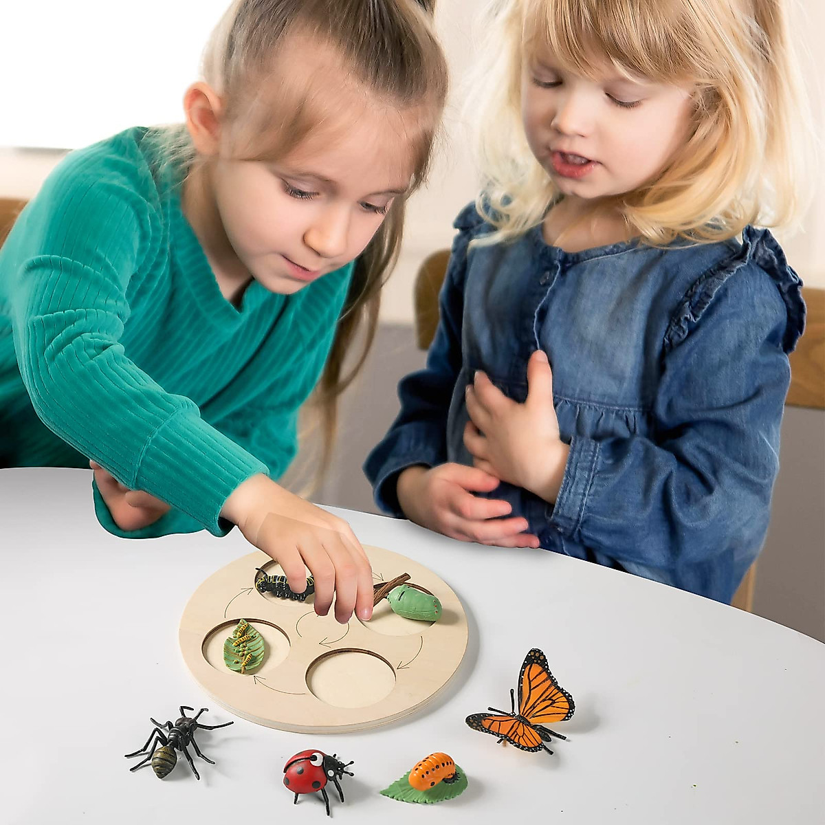 21 PCS Life Cycle Figurines of Butterfly Ladybug Snail Turtle Plant with Wooden Board, Realistic Animal Growth Cycle Figures, Education Learning Growth Stage Model Biology Science Kit Toy for Kids