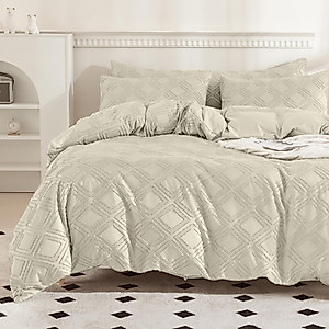 JELLYMONI Cream Grey Duvet Cover Twin Size - 3 PCS Microfiber Tufted Duvet Cover Set, Boho Textured Duvet Cover Jacquard Rhombus Geometric Pattern Duvet Cover with Corner Ties & Zipper Closure