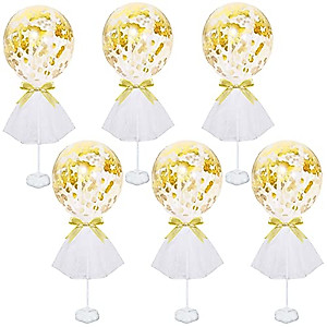 Elecrainbow 6 Pack Gold White Tutu Tulle Balloon Centerpieces Set for Baby Shower Table Decorations, Kids Birthday, Wedding, Bridal Shower, Welcome Back,Party, 44 Units