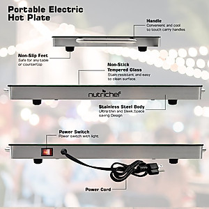 Stainless Steel Warming Hot Plate - Keep Food Warm w/ Portable Electric Food Tray Dish Warmer w/ Black Glass Top, For Restaurant, Parties, Buffet Serving, Table or Countertop Use - NutriChef AZPKWTR15