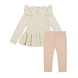 Laura Ashley Baby Girl Leggings & Knitted Long Sleeve Peplum Tunic Top, Cotton Knit & Floral Fall Outfit, Ivory/24 Months