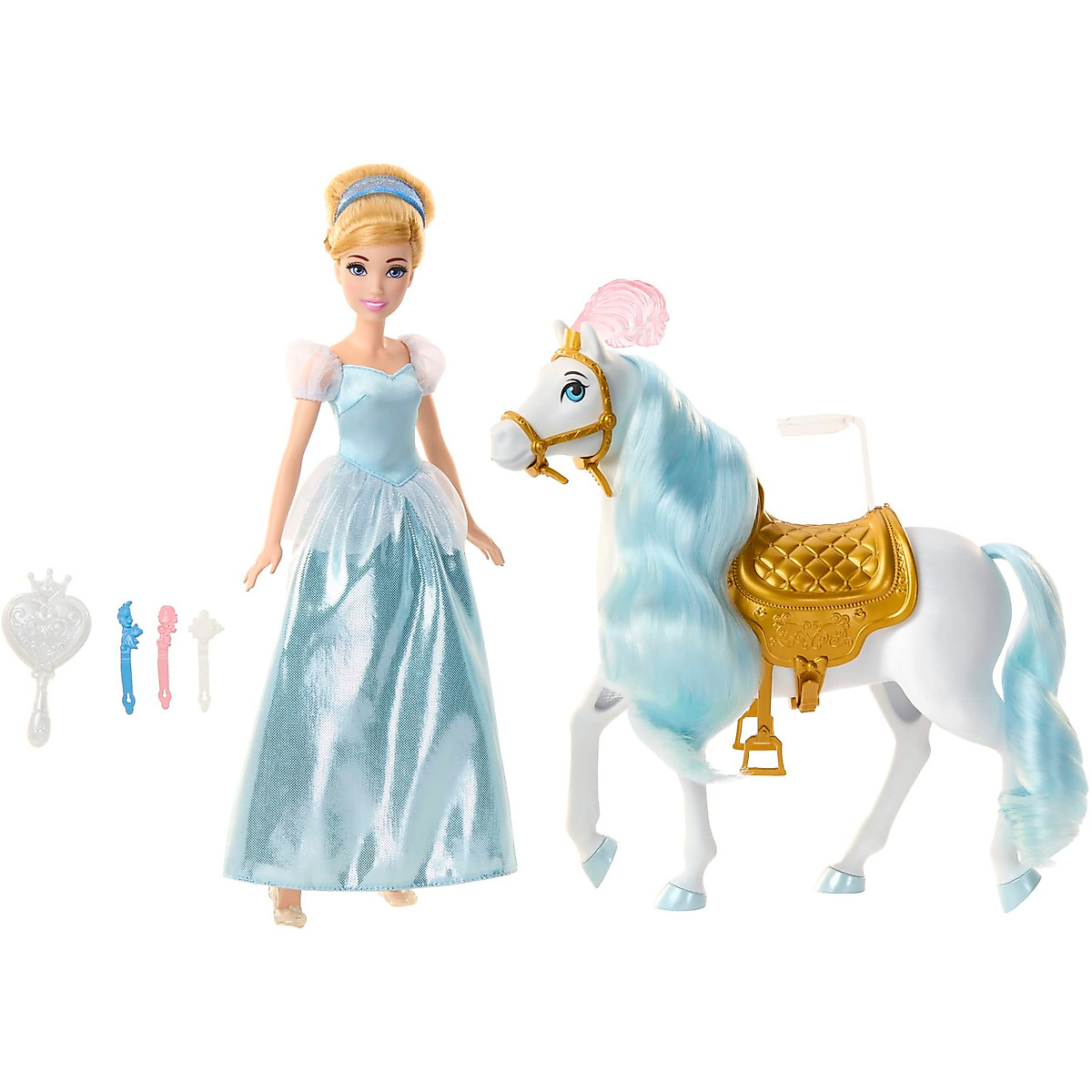 Mattel Disney Princess Toys, Cinderella Fashion Doll & Horse with Saddle, Brushable Mane & Tail & Styling Accessories, Inspired by the Movie