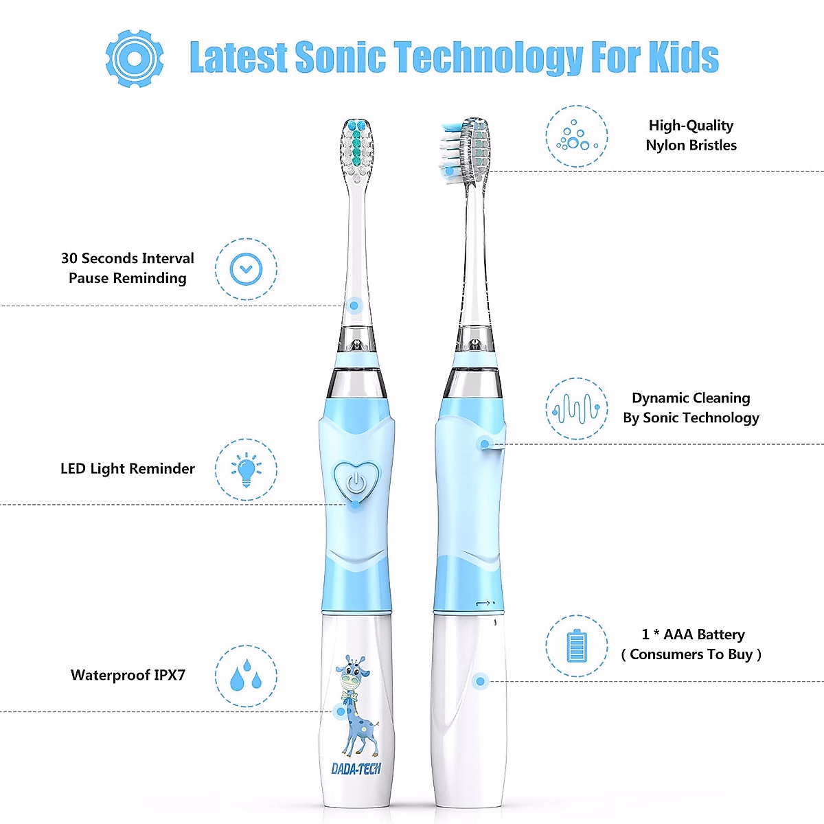 DADA-TECH Kids Electric Toothbrush Blue with Replacement Heads (DT-K6)