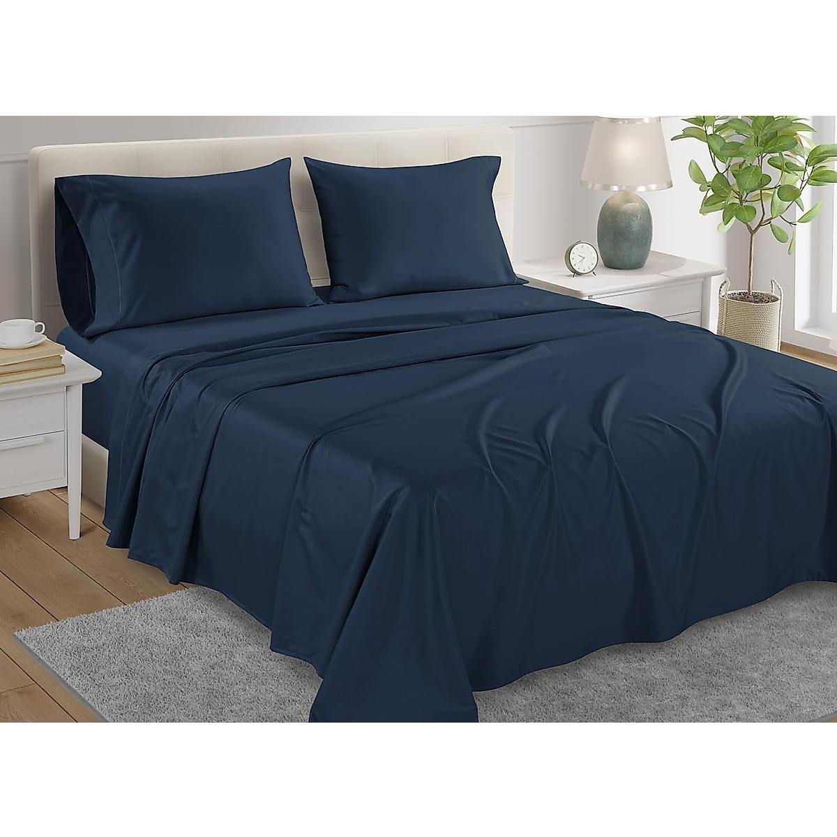 100% Egyption Cotton King Solid Sheet Set & Striped Sheets Set of 2 Combo- 800 Thread Count Sateen Weave KIng Size Solid Sheets & Striped Sheets, Deep Pocket Cotton Bedsheets - Dark Denim