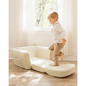 Tiny Land Kids Couch 2-in-1 Foldable Sofa Bed – 3D Teddy Curly with Pockets, Tactile Sensory-Enhancing Lounger for Toddlers, Ideal for Playroom – Afternoon Couch and Chair for Boys and Girls,Cream