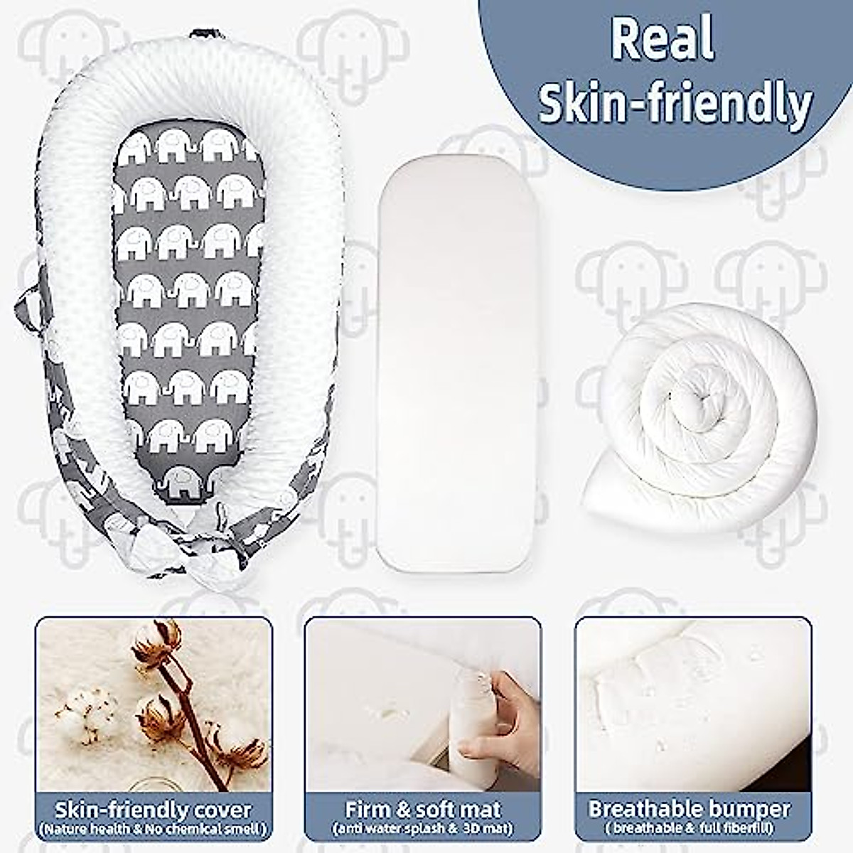 Portable Baby Nest Bed with Pillow Cushion Born Travel Bed for Outdoor Bed Baby Lounge Crib Drop Bassinet Nest Infant (Arrow-BB) (Elephant)