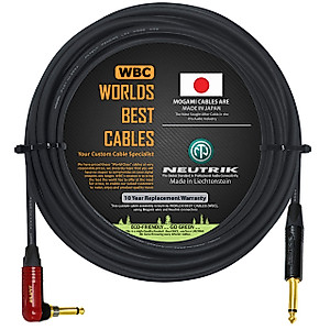 WORLDS BEST CABLES 25 Foot - Guitar Bass Instrument Cable Custom Made Using Mogami 2524 Wire and Neutrik NP2RX-AU-SILENT & Neutrik NP2X-B ¼ Inch (6.35mm) TS Plugs