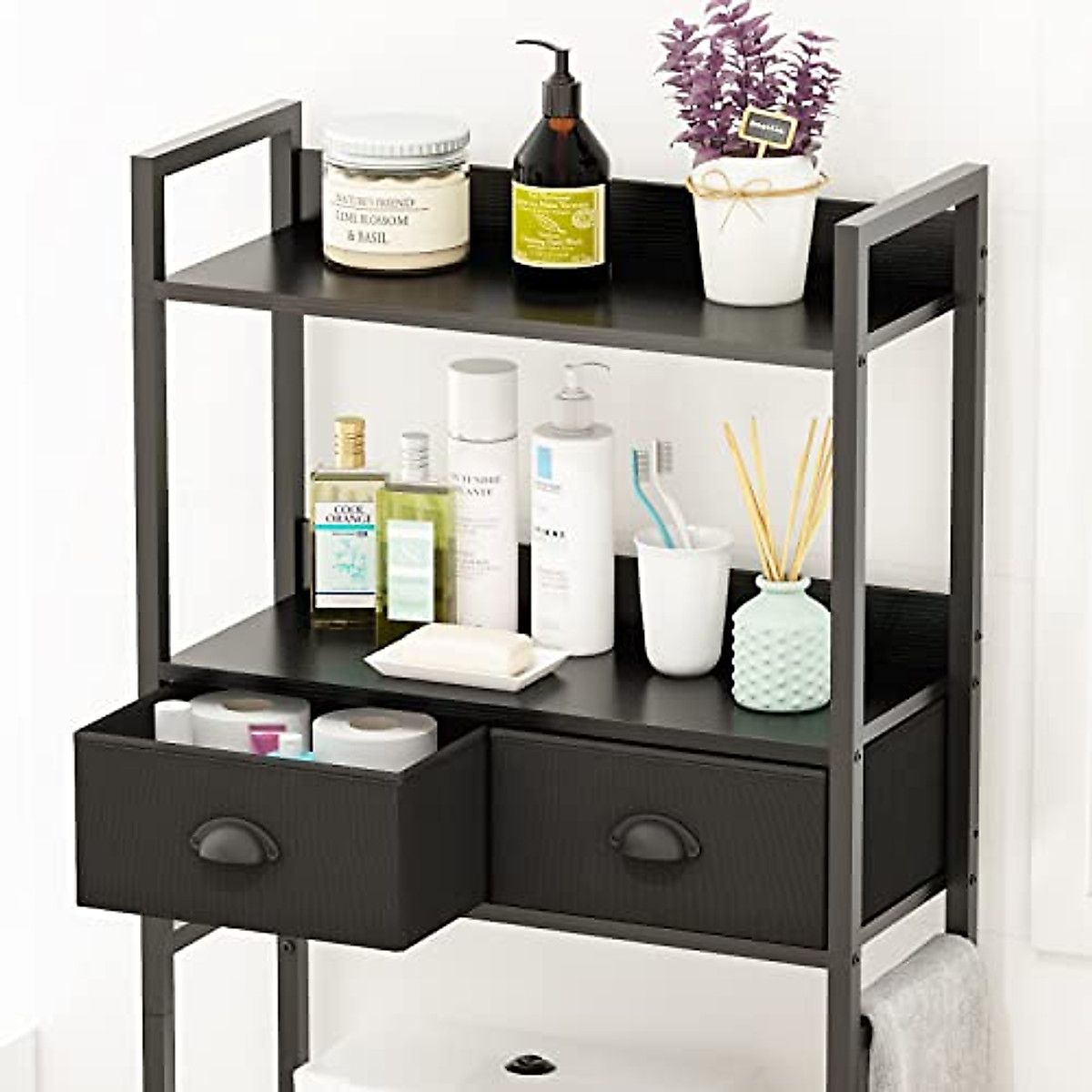 Furnulem Over The Toilet Storage with 2 Fabric Drawers, 3-Tier Tall Bathroom Storage Shelf, Stable Freestanding Above Toilet Stand, Space Saver Organizer Rack for Restroom, Laundry (Black)