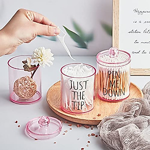 4 Pack Qtip Holder Dispenser with Lids and Labels - 10 oz Apothecary Jars Bathroom Vanity Canister Organizer for Cotton Balls, Pads, Swabs, Floss (Pink)
