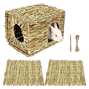 Grass House for Rabbits (1pc) and Grass mat for Rabbit Bunny(2pcs) Sangle Sopffy, Hand Woven Straw Hut, Small Animal Cages Hay Mat for Guinea Pig Parrot Rabbit Bunny Hamster Chinchilla Squirrel…