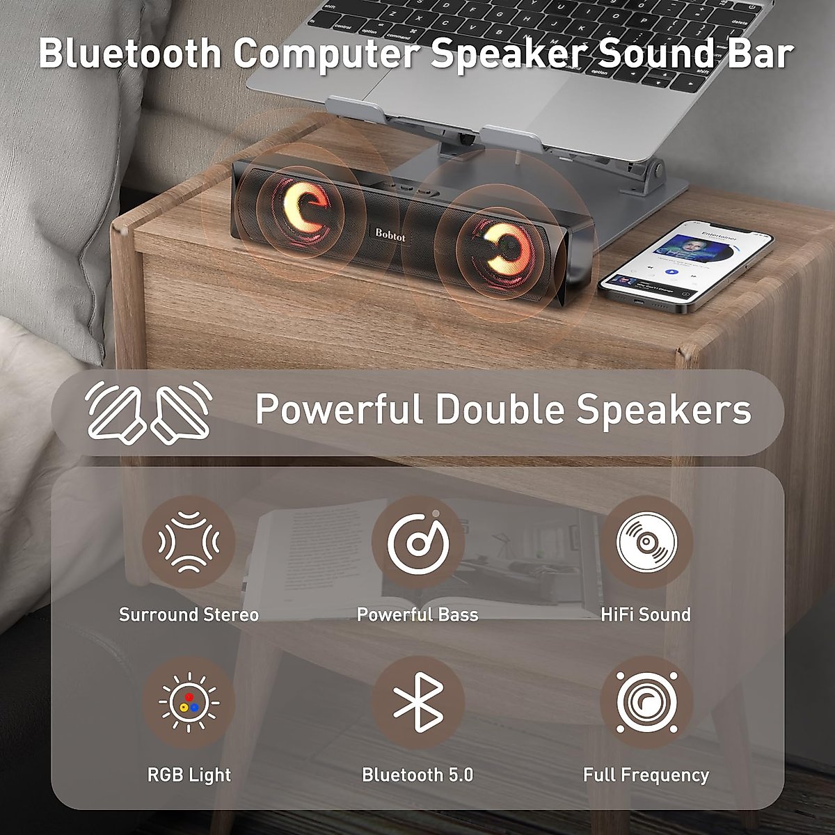 Bobtot Computer Speakers Desktop Soundbar - HiFi Stereo Audio RGB Mini Sound Bar External Speaker with Bluetooth AUX-in Wired USB Powered Volume Control for PC Laptop Tablets Monitor