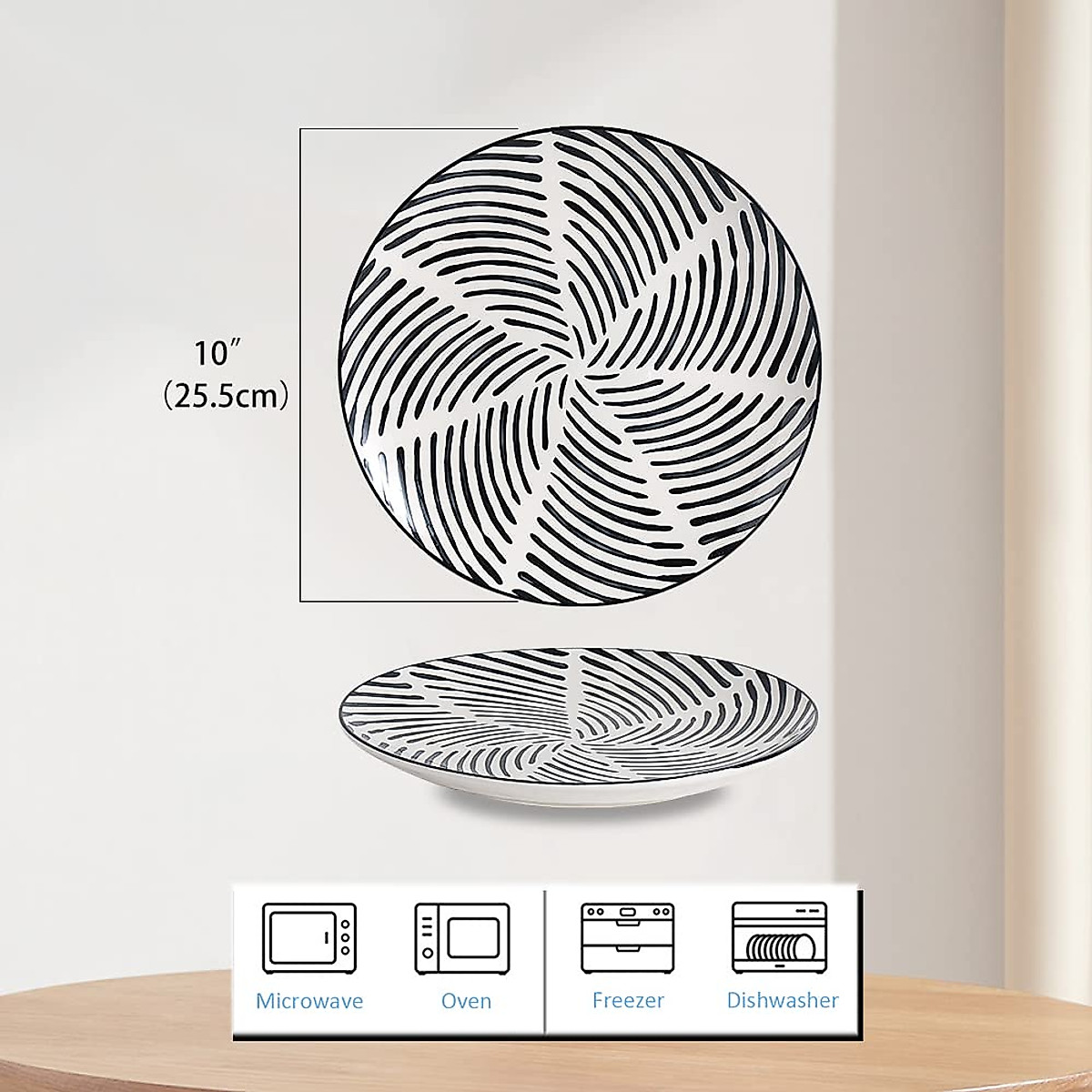 AHX Dinner Plates Ceramic Plate Set - 10 Inch Large Porcelain Round Plate Sets of 6 - Flat Modern Black Pattern Dining Plates for Kitchen | Family - Dishwasher | Microwave | Oven Safe