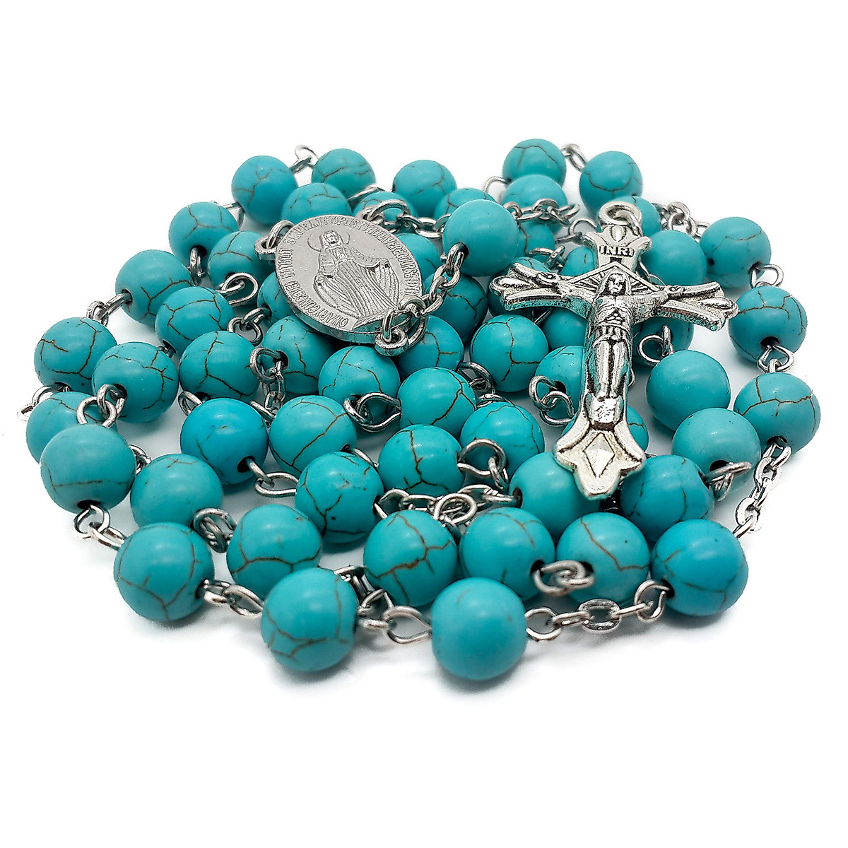Nazareth Store Sky Blue Marble Stone Beads Rosary Turquoise Beaded Necklace Catholic Miraculous Medal & Jesus Cross
