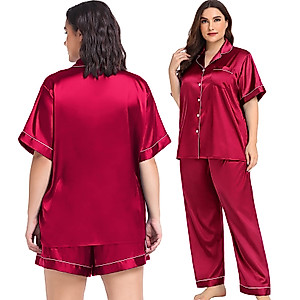 SWOMOG Womens Silk Satin Pajamas Set 3pcs Summer Pj Sets Plus Size Loungewear Button-Down Loose Rose Pink Sleepwear 18W