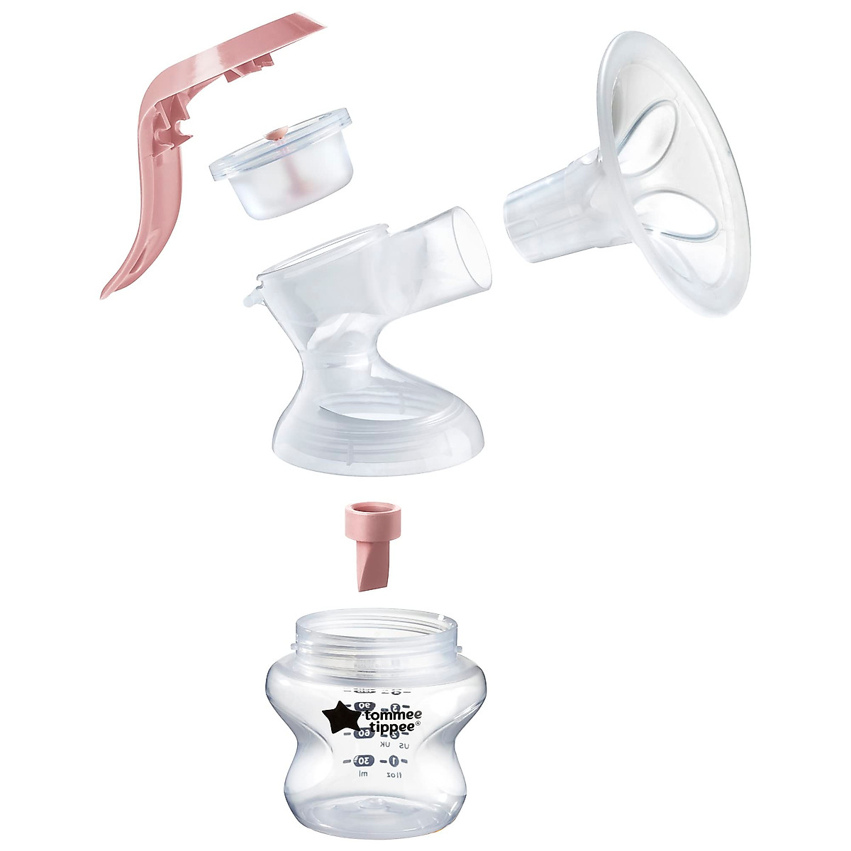 Tommee Tippee Made for Me Single Manual Breast Pump, Strong Suction, Soft Feel, Ergonomic Handle, Portable and Quiet Breastmilk Pump, Baby Bottle Included
