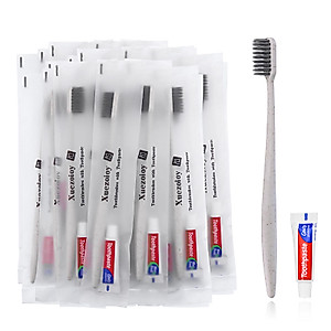 Xuezoioy Disposable Toothbrushes with Toothpaste,60Pack Apricot Individually Wrapped Disposable Travel Toothbrushes Kit in Bulk for Homeless,Nursing Home,Hotel,Charity